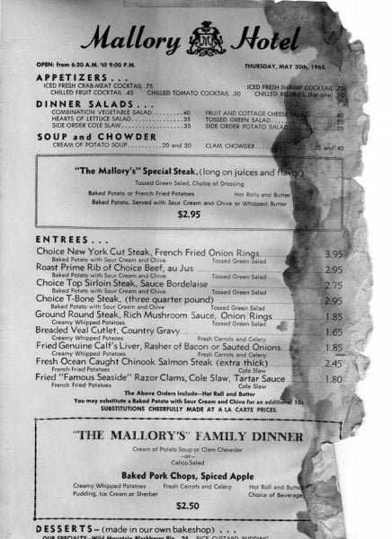 Menu for Portland's Mallory Hotel, From 1965